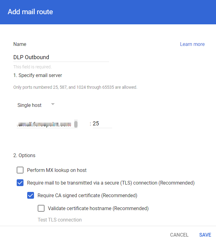 Configure the Gmail route to forward email to Forcepoint DLP for Cloud Email